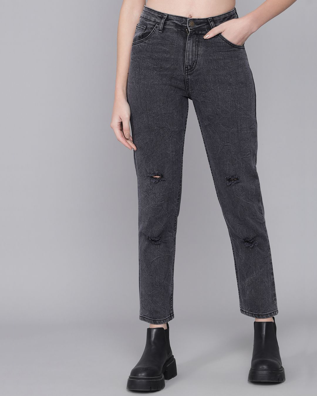 Buy Women's Grey Ripped Slim Fit Jeans Online at Bewakoof