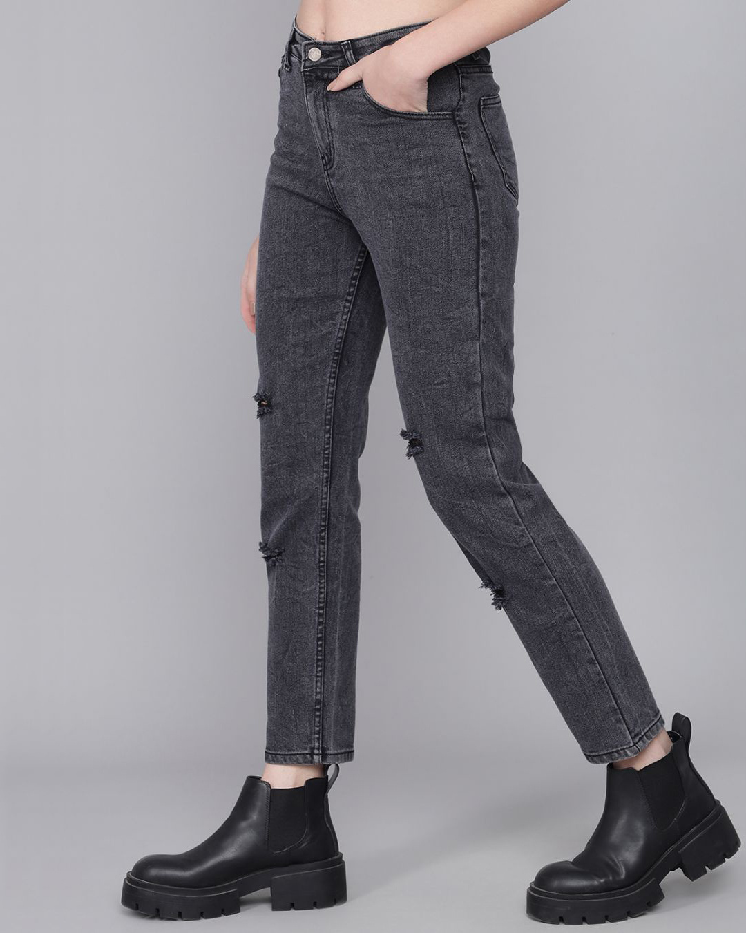Buy Women's Grey Ripped Slim Fit Jeans Online at Bewakoof