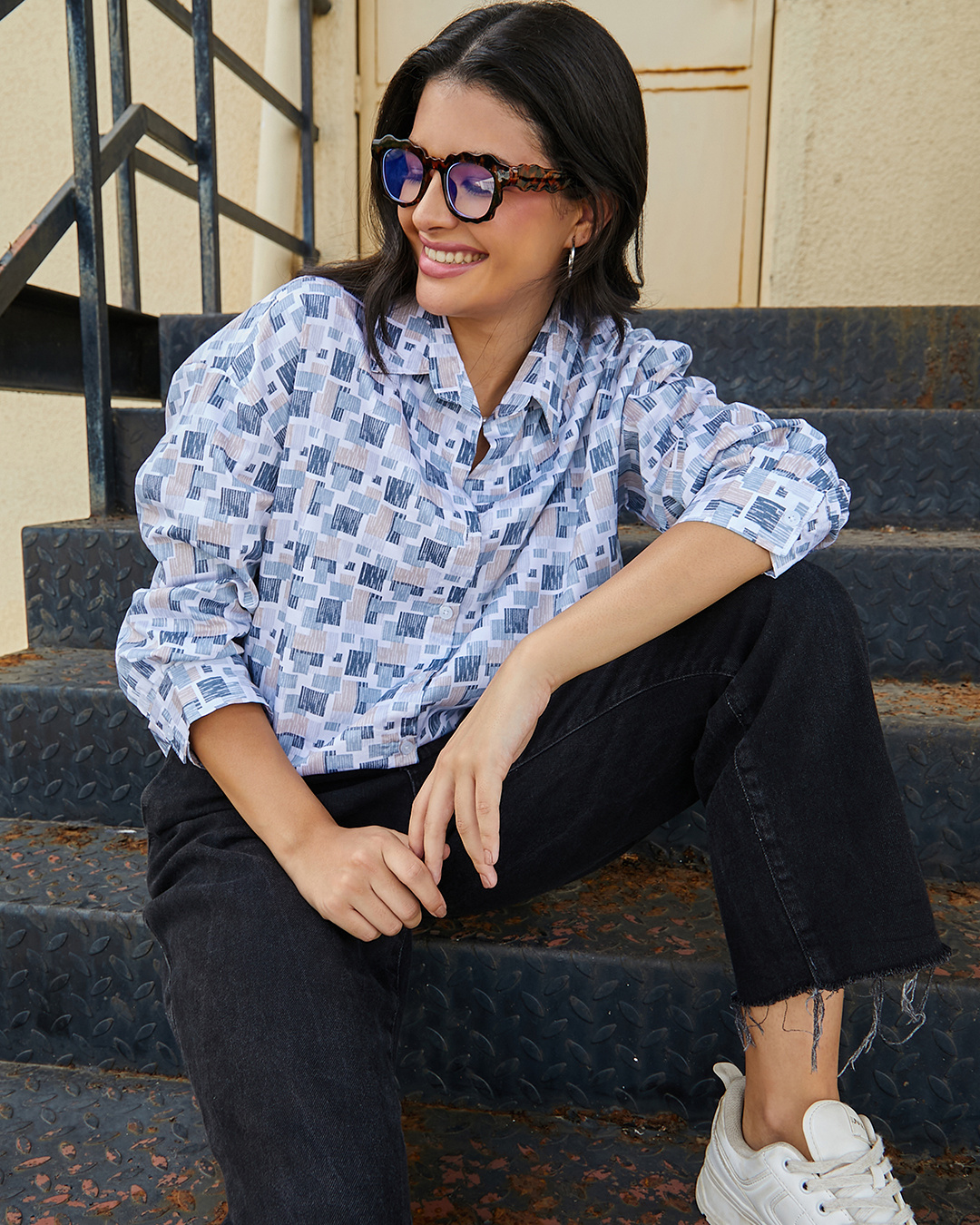 Buy Women's Indigo Blue All Over Printed Oversized Shirt Online at Bewakoof