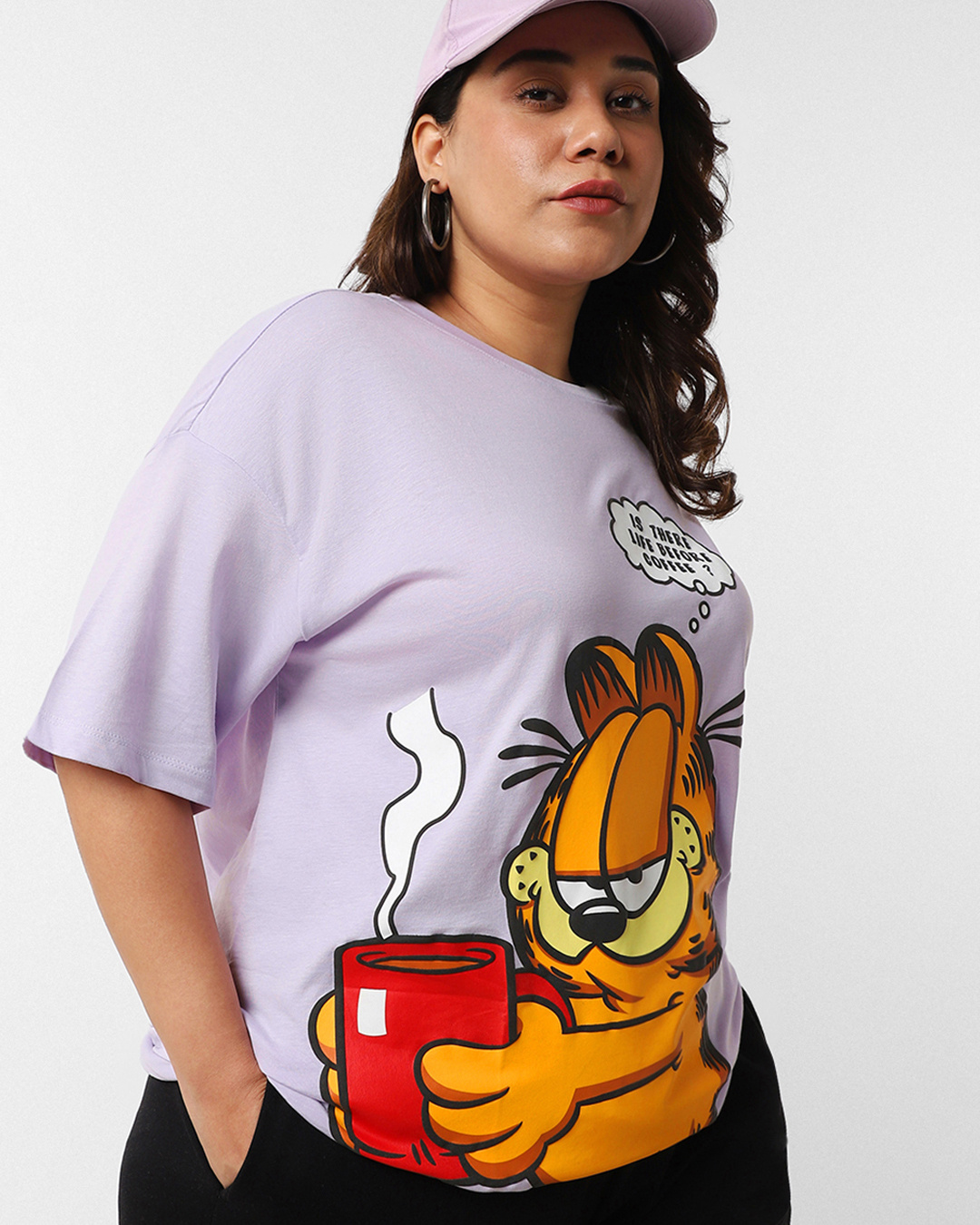 Buy Women's Lavender Rock Garfield Graphic Printed Oversized Plus Size T-shirt Online at Bewakoof