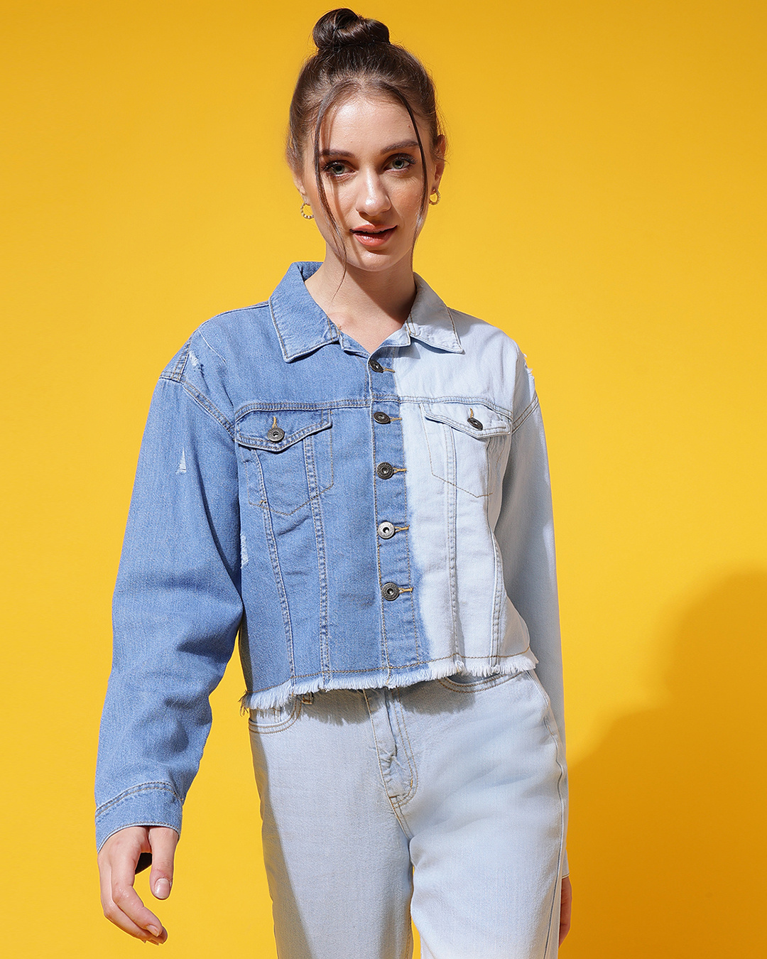 Buy Women's Light Blue Color Block Denim Jacket Online at Bewakoof