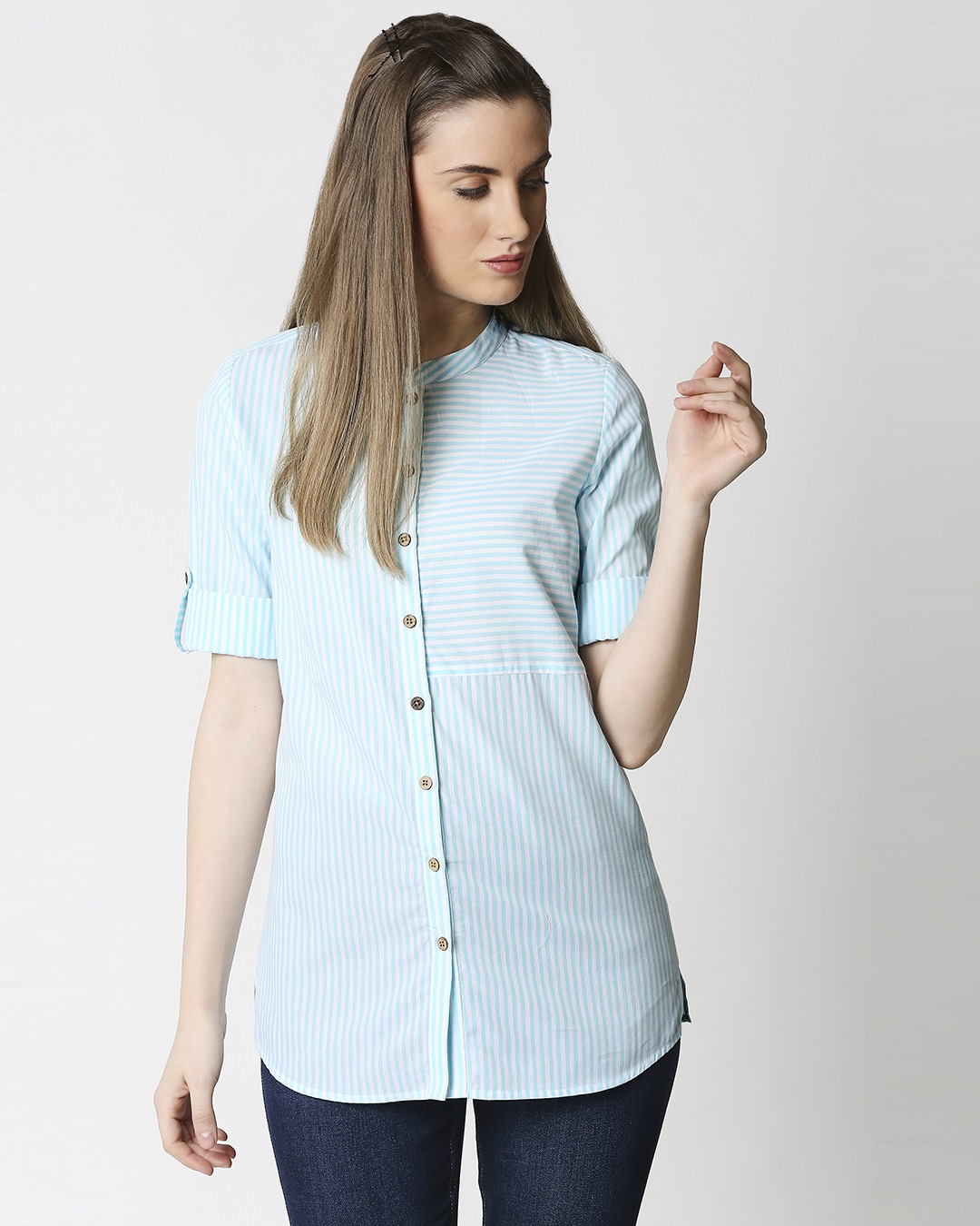 Buy Women's Light Blue Yarn Dyed Striped Tunic Online at Bewakoof