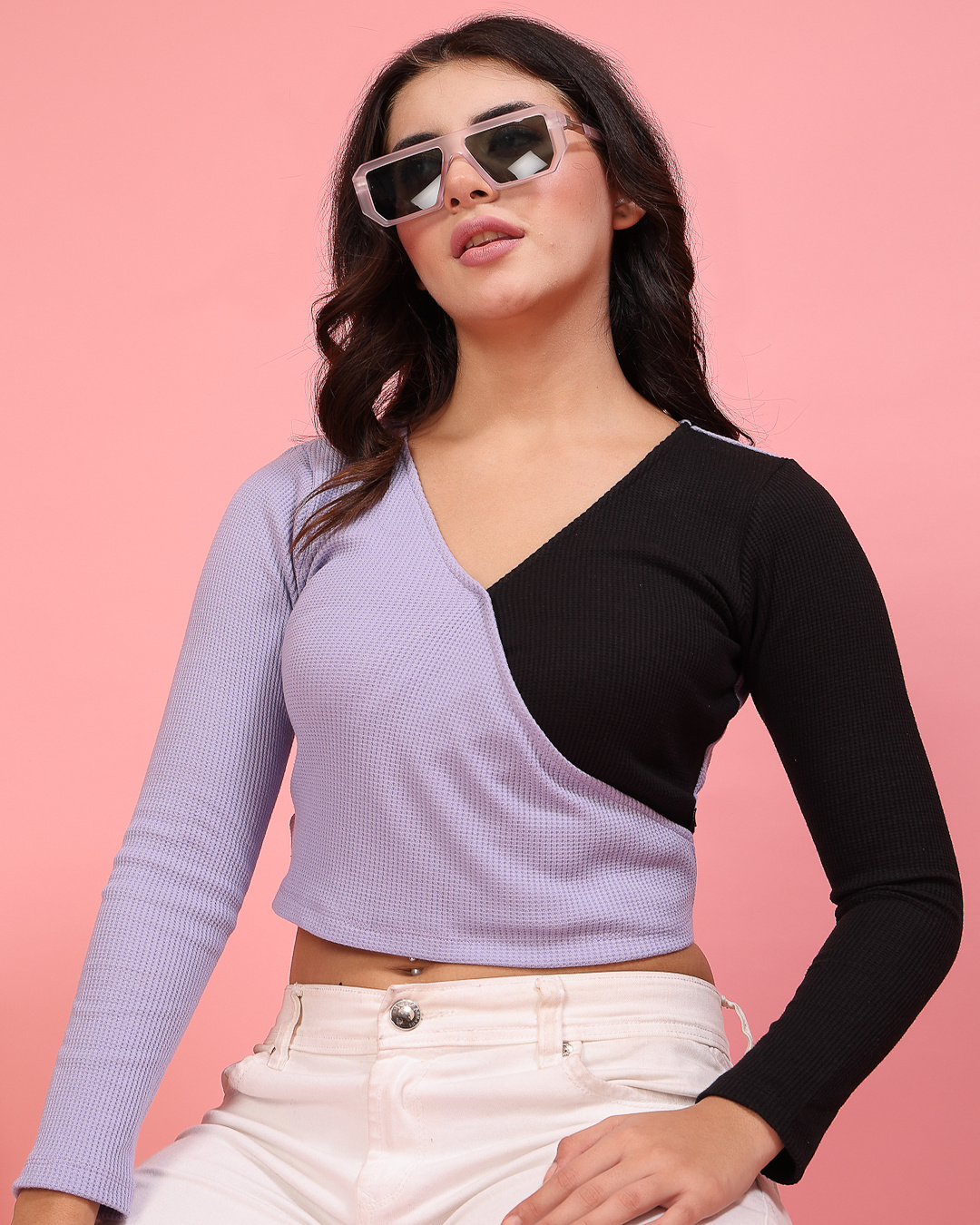 Buy Women's Light Purple & Black Color Block Slim Fit Short Top Online ...