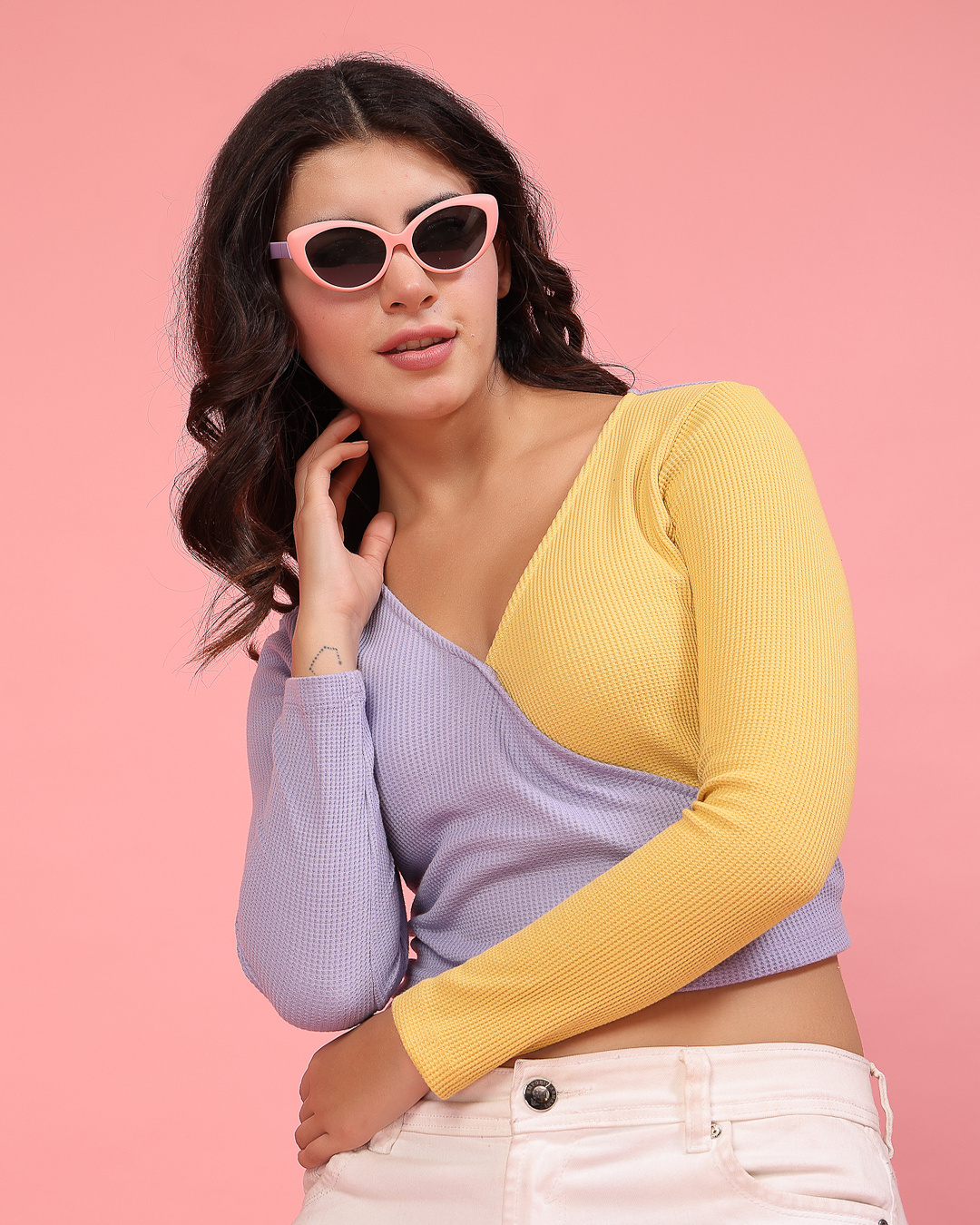 Buy Women's Light Purple & Yellow Color Block Slim Fit Short Top Online at Bewakoof