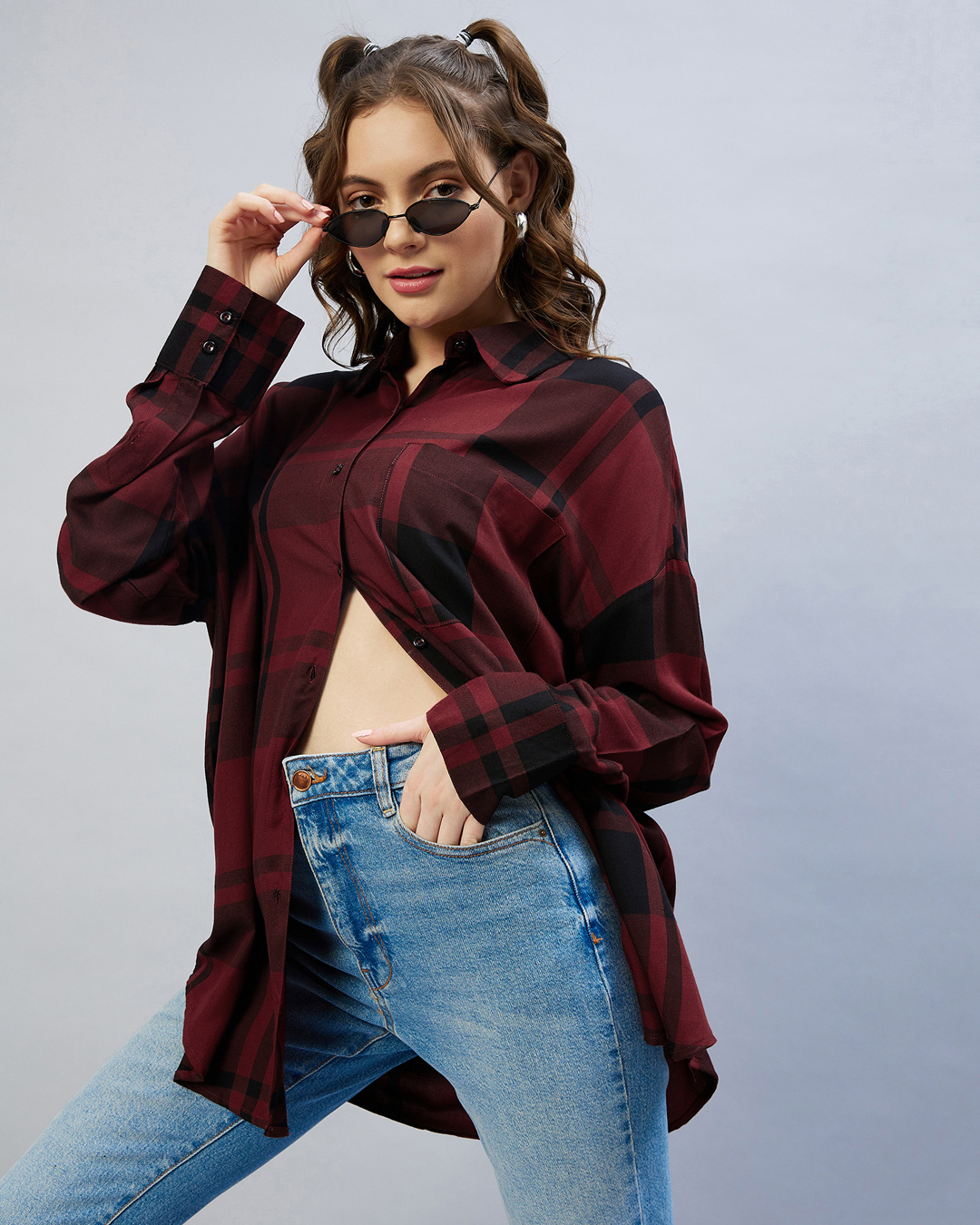 Buy Women's Maroon & Black Checked Oversized Shirt Online at Bewakoof