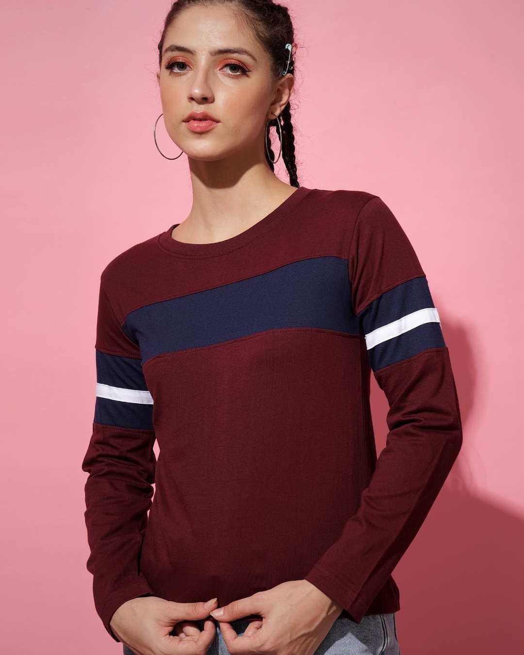 Buy Women's Maroon Color Block T-shirt Online at Bewakoof