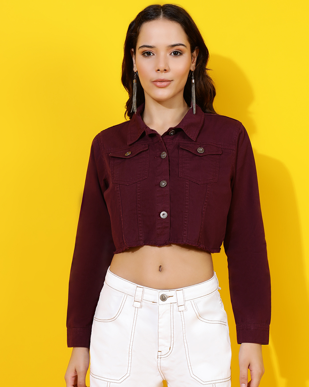 Buy Women's Maroon Cropped Denim Jacket Online at Bewakoof