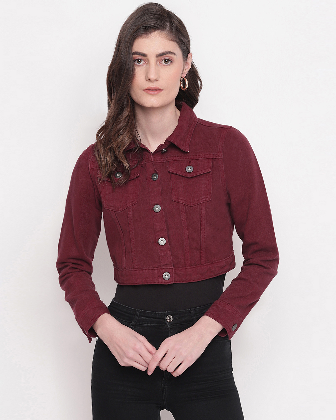 Buy Women's Maroon Denim Cropped Jacket Online at Bewakoof