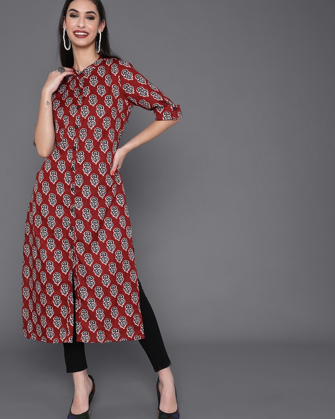 Buy Womens Maroon Ethnic Motif Printed Kurta Online At Bewakoof