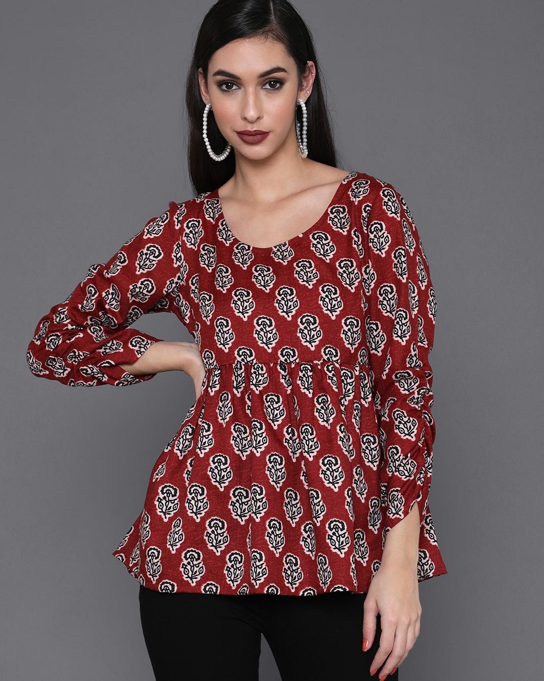 Buy Women's Maroon Ethnic Motif Printed Top Online at Bewakoof