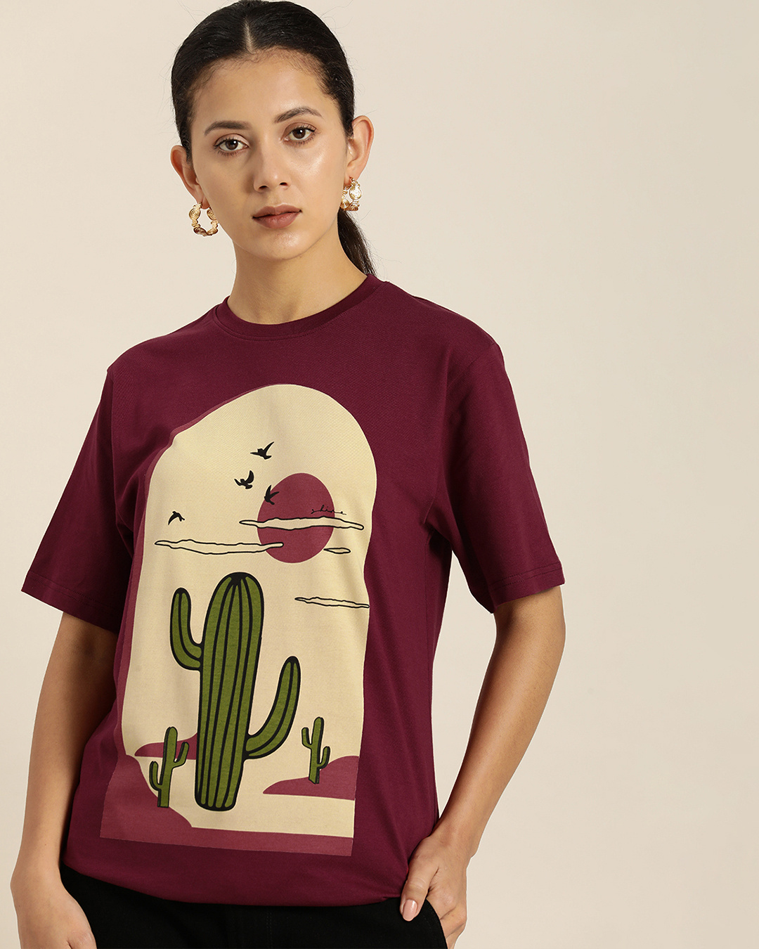 Buy Women's Maroon Graphic Printed Oversized T-shirt Online at Bewakoof