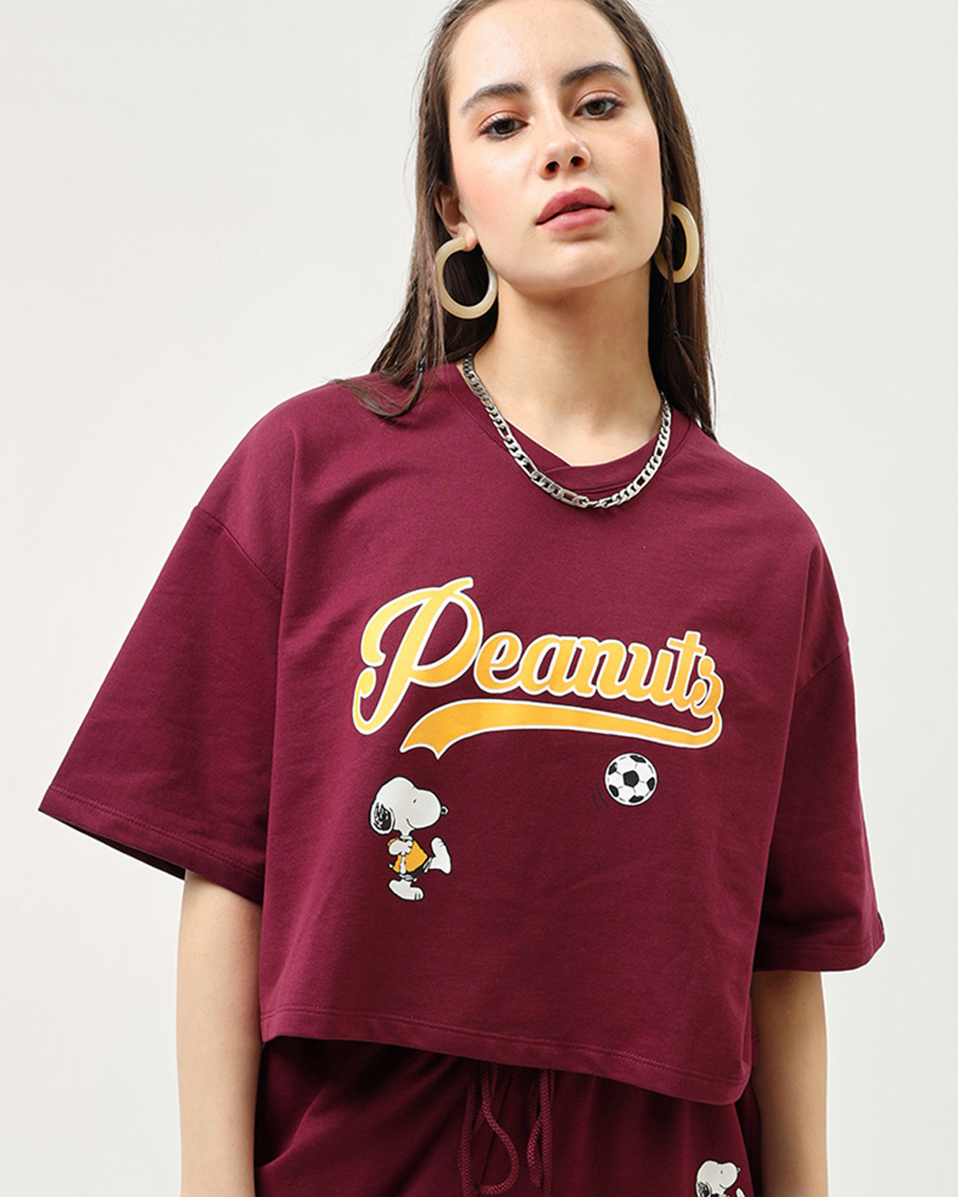 Buy Women's Maroon Peanuts Graphic Printed Oversized Short Top Online ...
