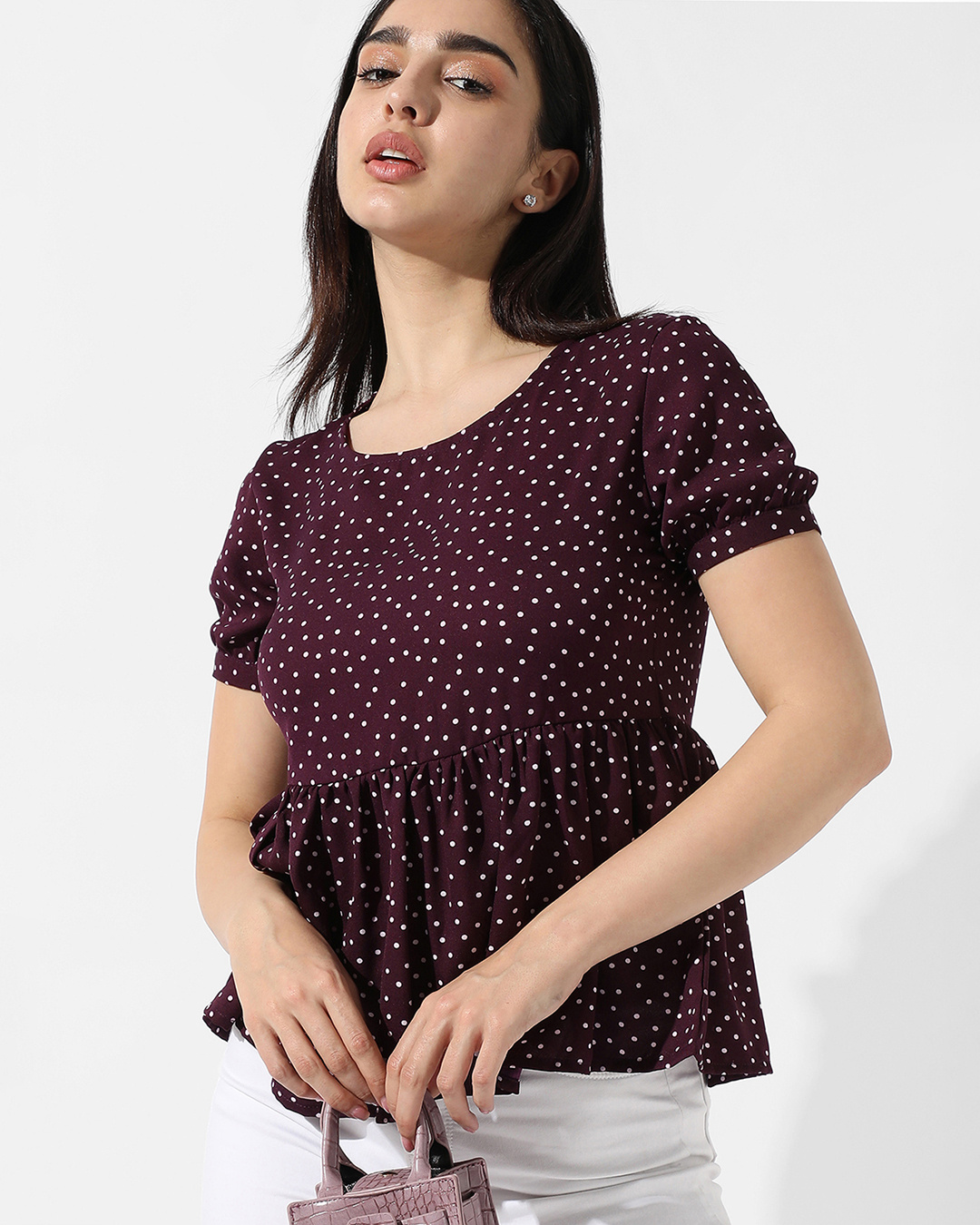 Buy Women's Maroon Polka Printed Peplum Top Online at Bewakoof