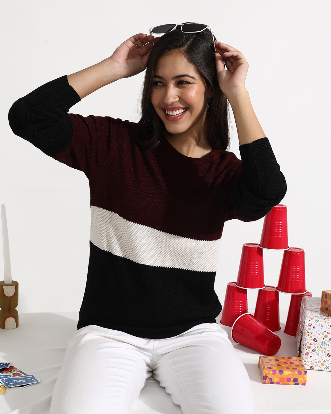 Buy Women's Maroon & White Color Block Sweater Online at Bewakoof