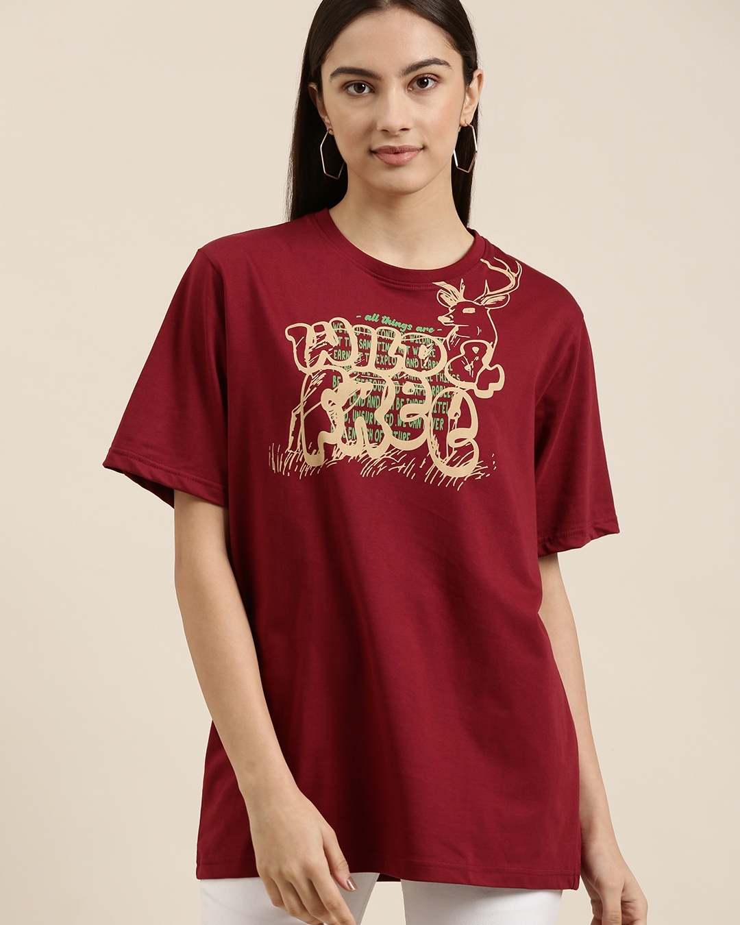 Buy Women's Maroon Wild & Free Typography Oversized T-shirt Online at ...
