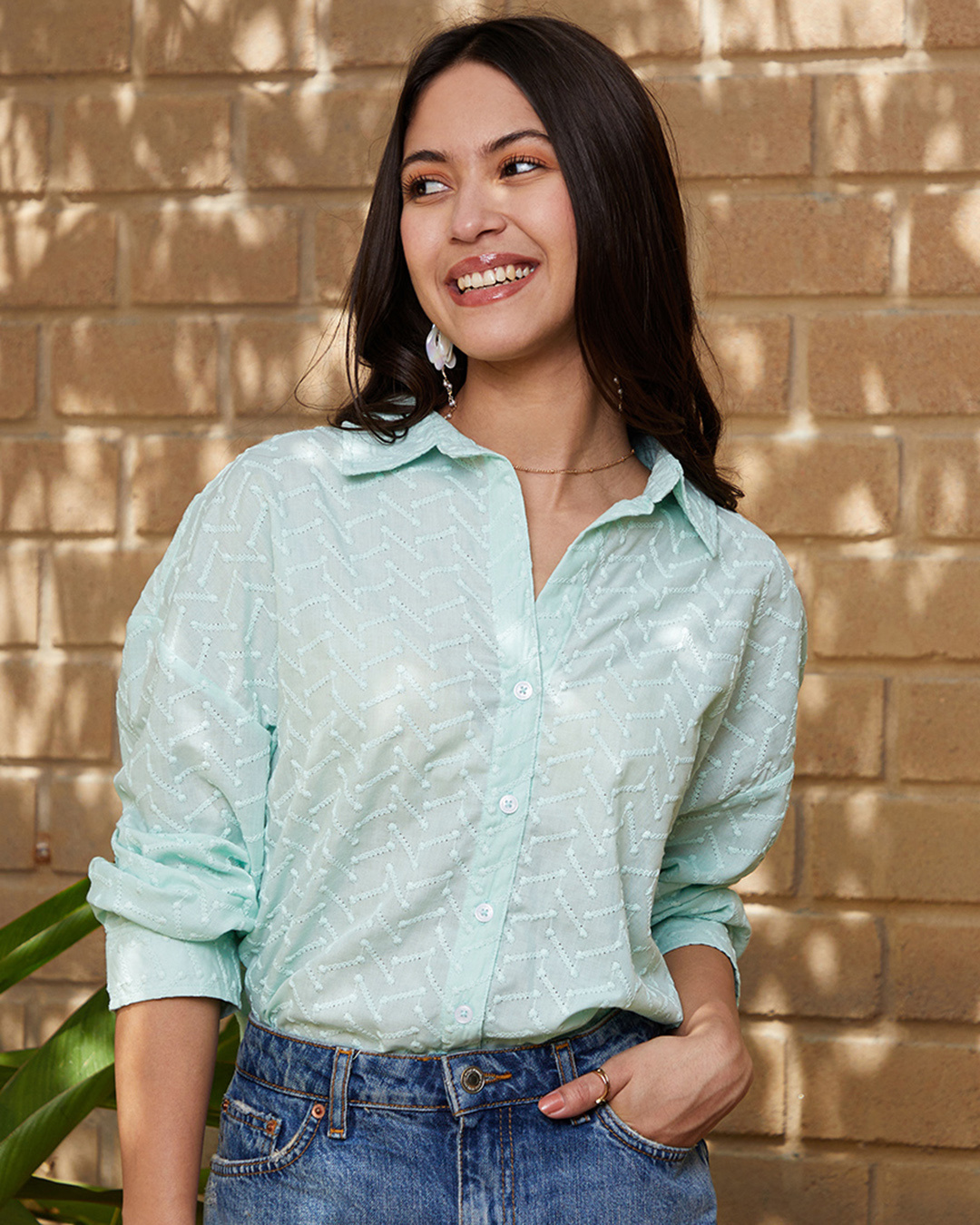 Buy Women's Mint Green Embroidered Oversized Shirt Online at Bewakoof