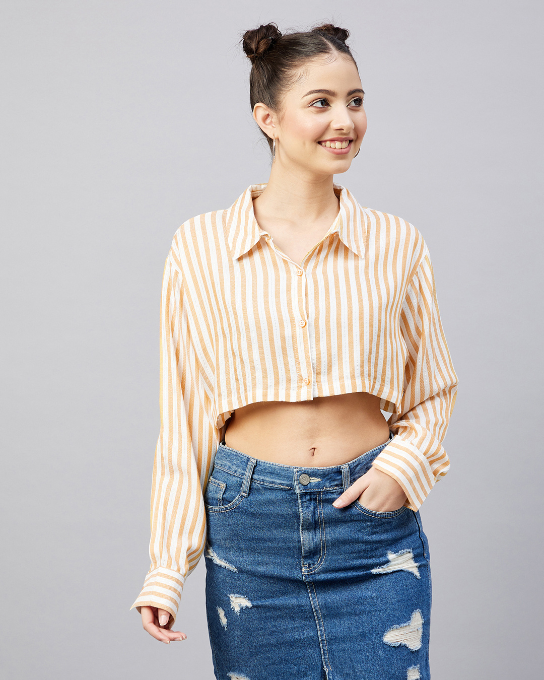 Buy Women's Mustard Yellow & White Striped Crop Shirt Online at Bewakoof