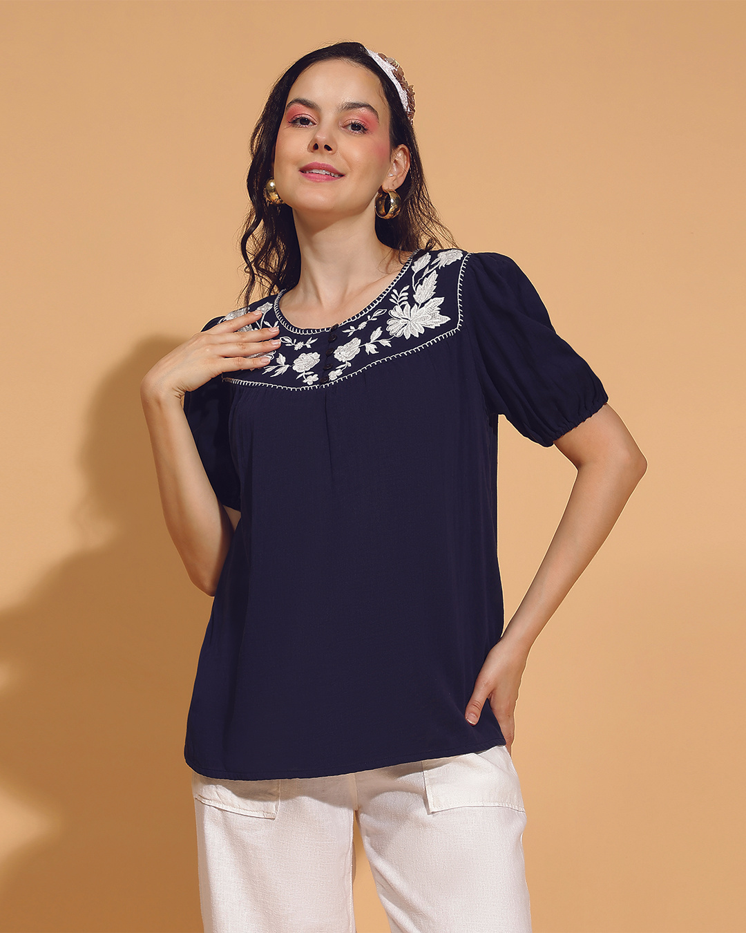 Buy Women's Navy Blue Embroidered Top Online at Bewakoof