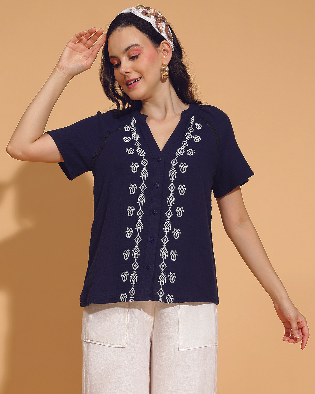 Buy Women's Navy Blue Embroidered Top Online at Bewakoof
