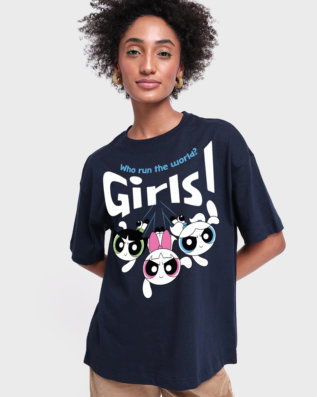 Buy Women's Navy Blue Who Run The World Graphic Printed Oversized T ...