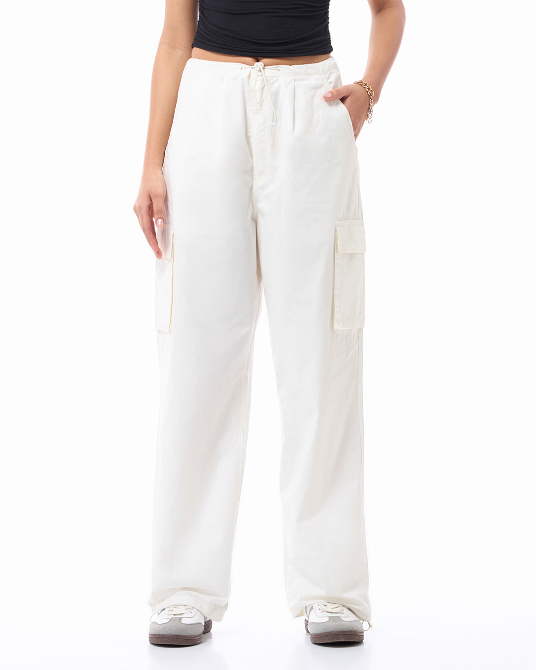 Buy Women's Off White Baggy Oversized Cargo Parachute Pants Online at ...