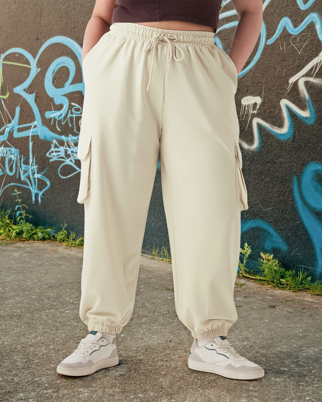 Buy Women's Off White Super Loose Fit Plus Size Cargo Joggers Online at ...