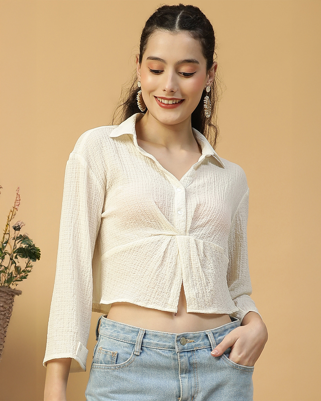 Buy Women's Off White Textured Crop Shirt Online at Bewakoof