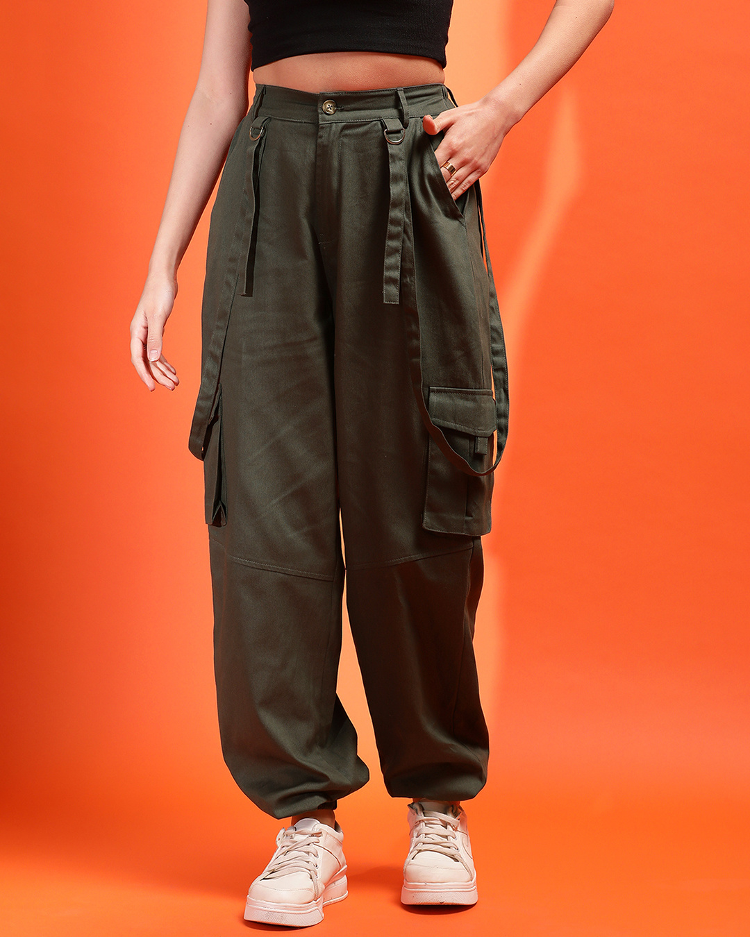 Buy Women's Olive Green Loose Fit Cargo Jogger Pants Online at Bewakoof
