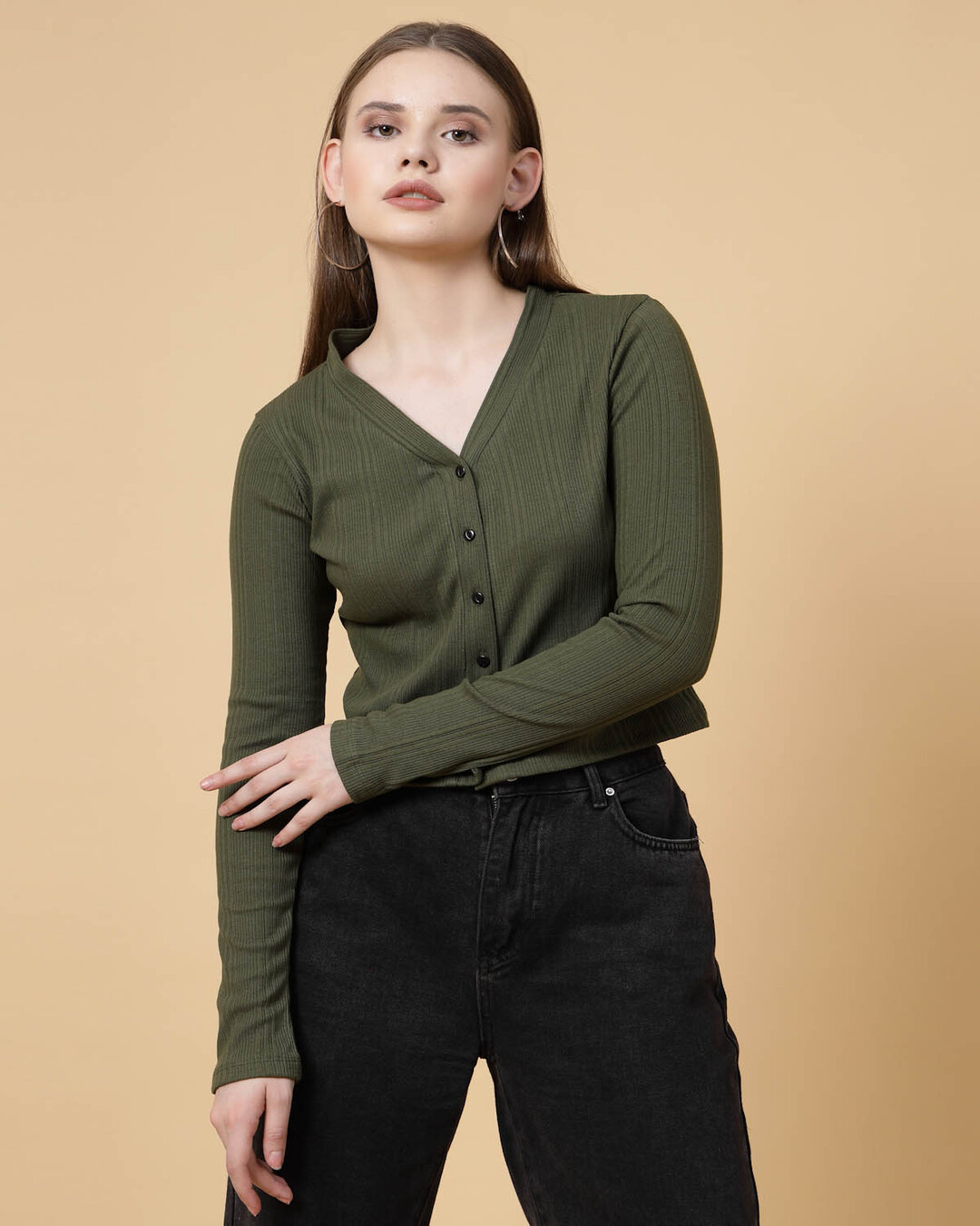 Buy Women's Olive Green Rib Slim Fit Short Top Online at Bewakoof
