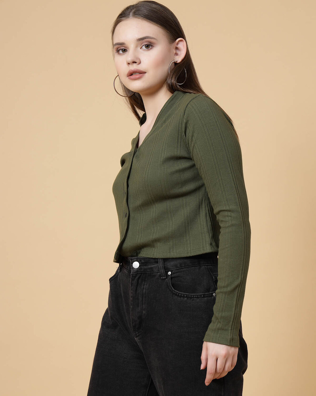 Buy Women's Olive Green Rib Slim Fit Short Top Online at Bewakoof