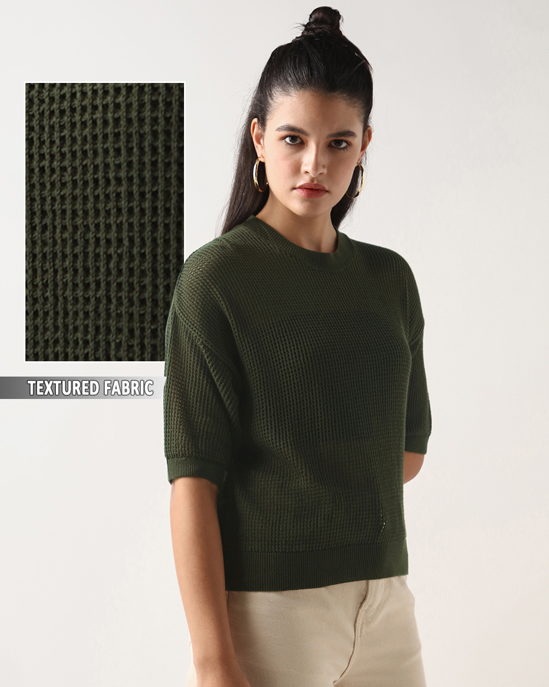Buy Womens Olive Green Textured Slim Fit Short Top Online At Bewakoof
