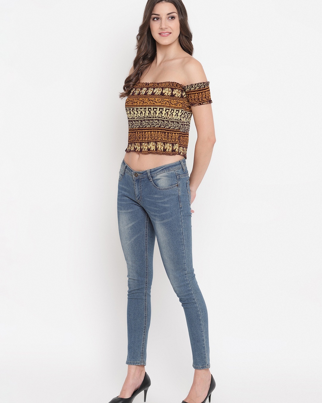 Buy Womens Orange And Brown All Over Printed Crop Top For Women Orange