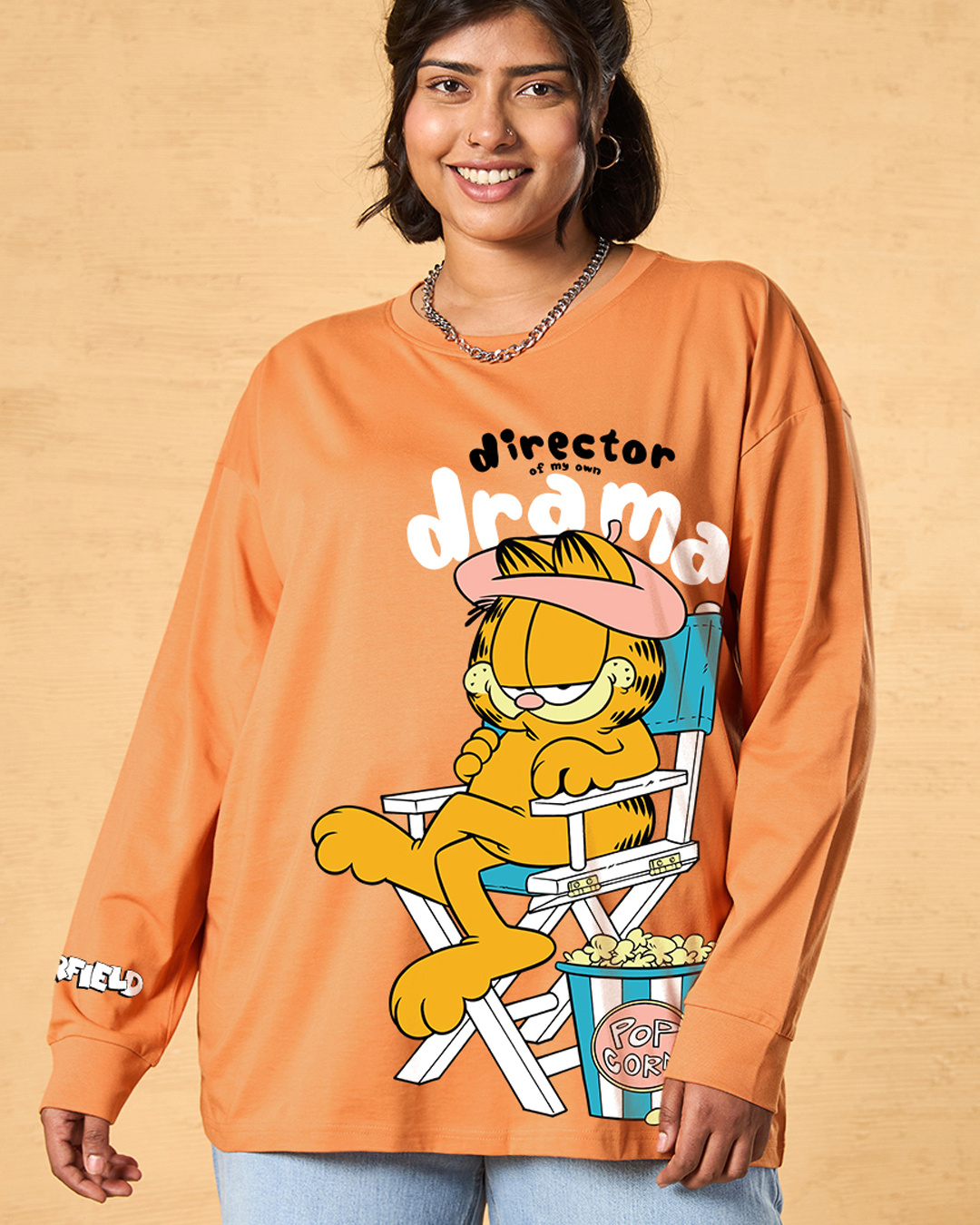 Buy Women's Orange Dramatic Garfield Graphic Printed Oversized Plus Size T-shirt Online at Bewakoof
