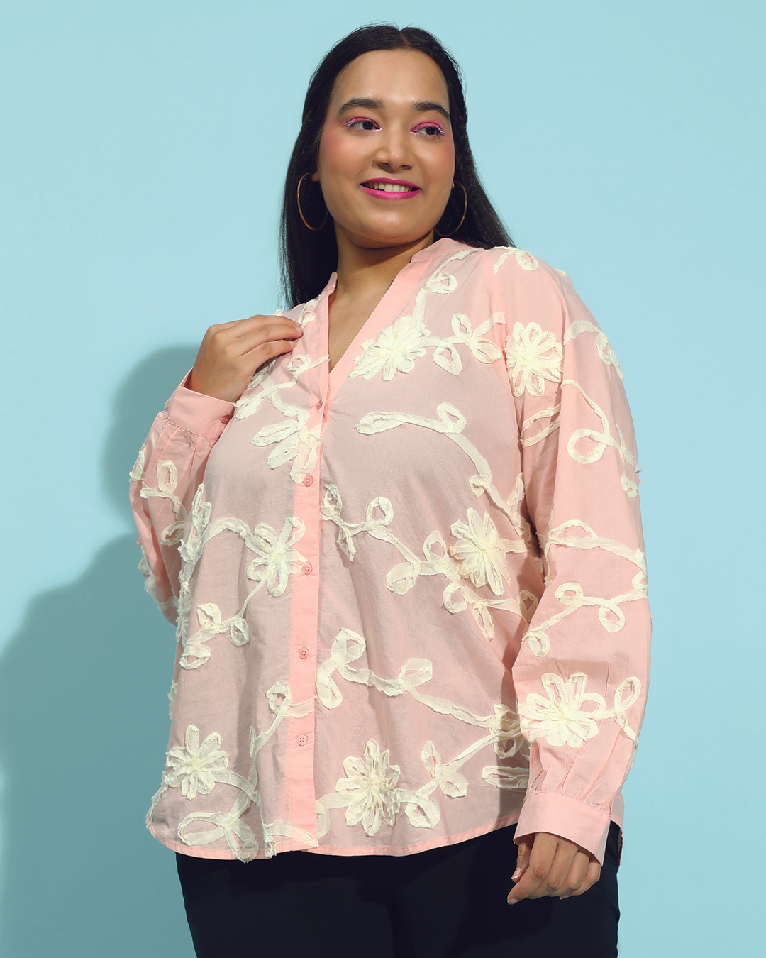 Buy Women's Peach Embroidered Relaxed Fit Plus Size Shirt Online at ...