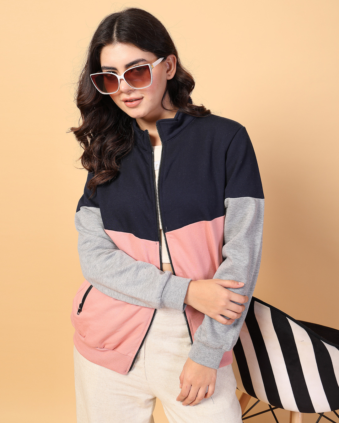 Buy Women's Peach & Navy Blue Color Block Oversized Sweatshirt Online ...