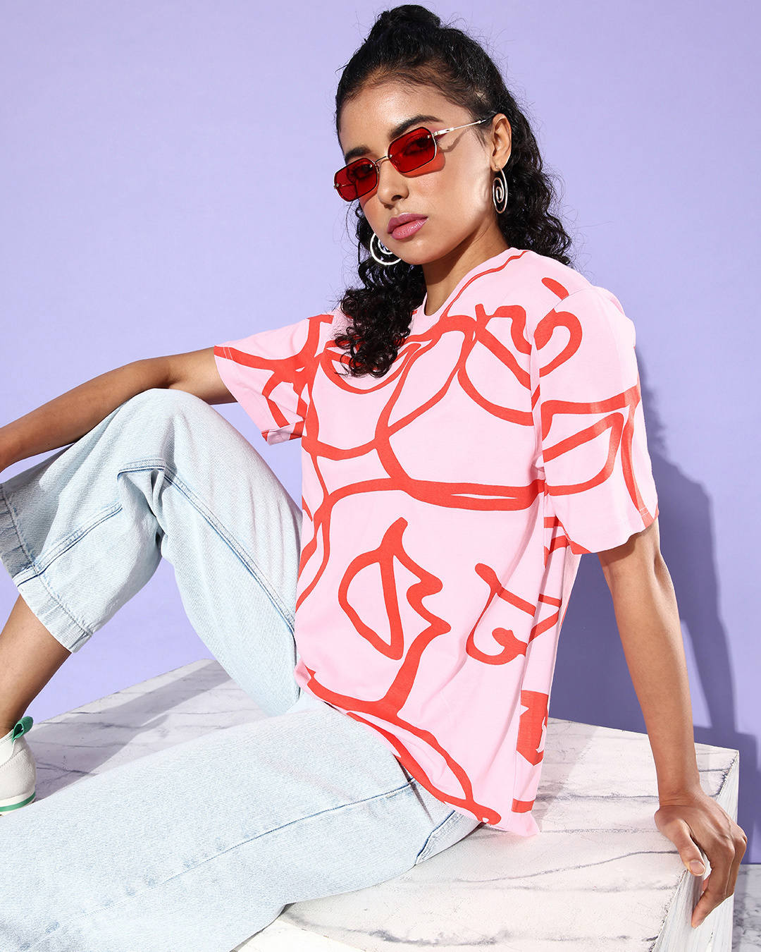 Buy Women's Pink All Over Printed Oversized T-shirt Online at Bewakoof