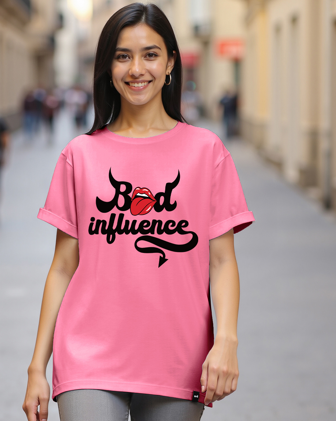 Buy Women's Pink Bad Influence Graphic Printed Boyfriend T-shirt Online ...