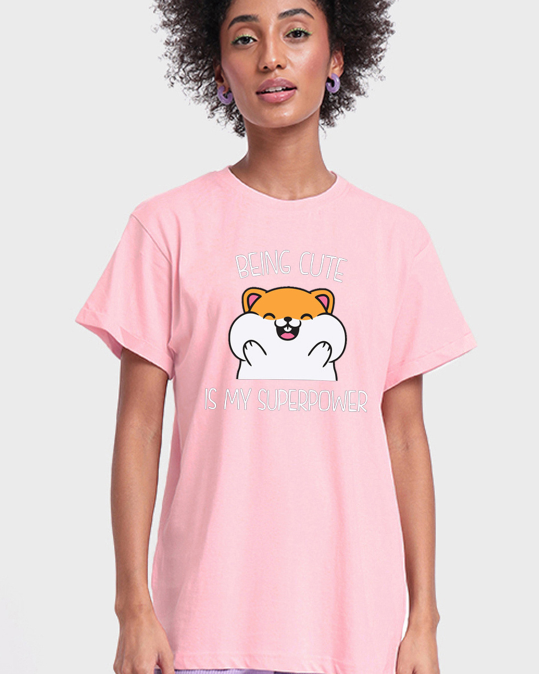 Buy Women's Pink Being Cute is My Super Power Graphic Printed Boyfriend ...
