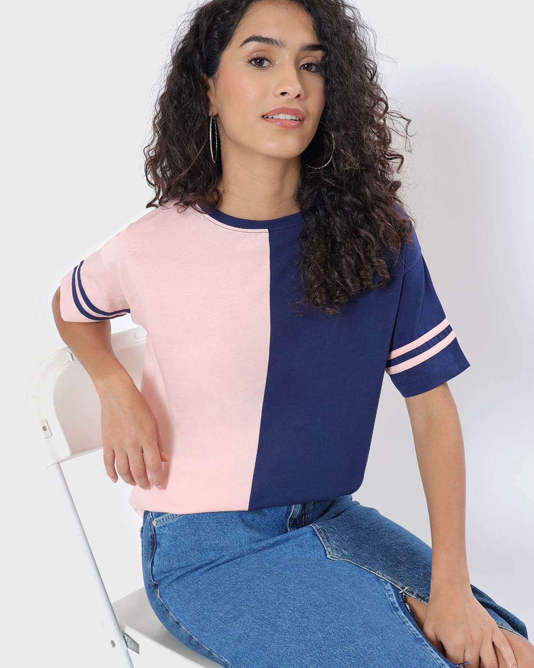 Buy Women's Pink & Blue Color Block Relaxed Fit T-shirt Online at Bewakoof