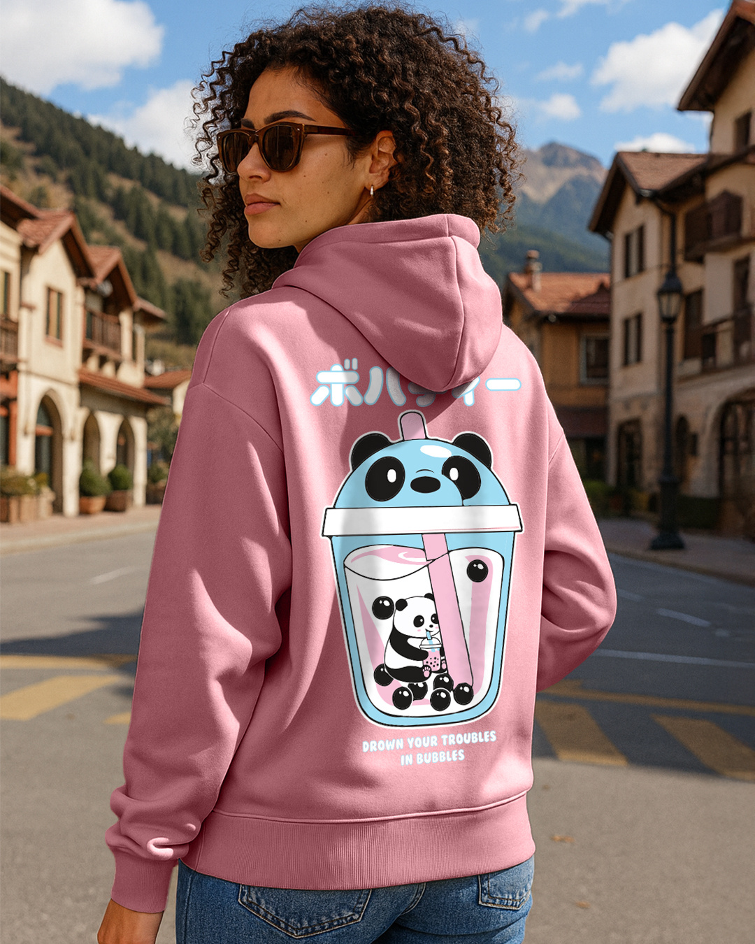 Buy Women's Pink Bubble Panda Graphic Printed Oversized Hoodies Online at Bewakoof
