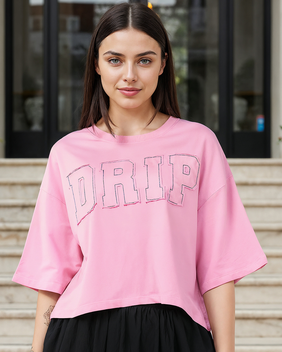 Buy Women's Pink Drip Applique Oversized Crop T-shirt Online at Bewakoof