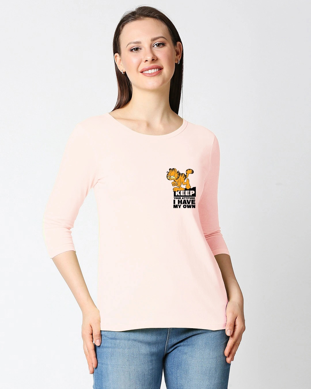 Buy Women's Pink Garfield Attitude Graphic Printed 3/4th Sleeve T-shirt ...