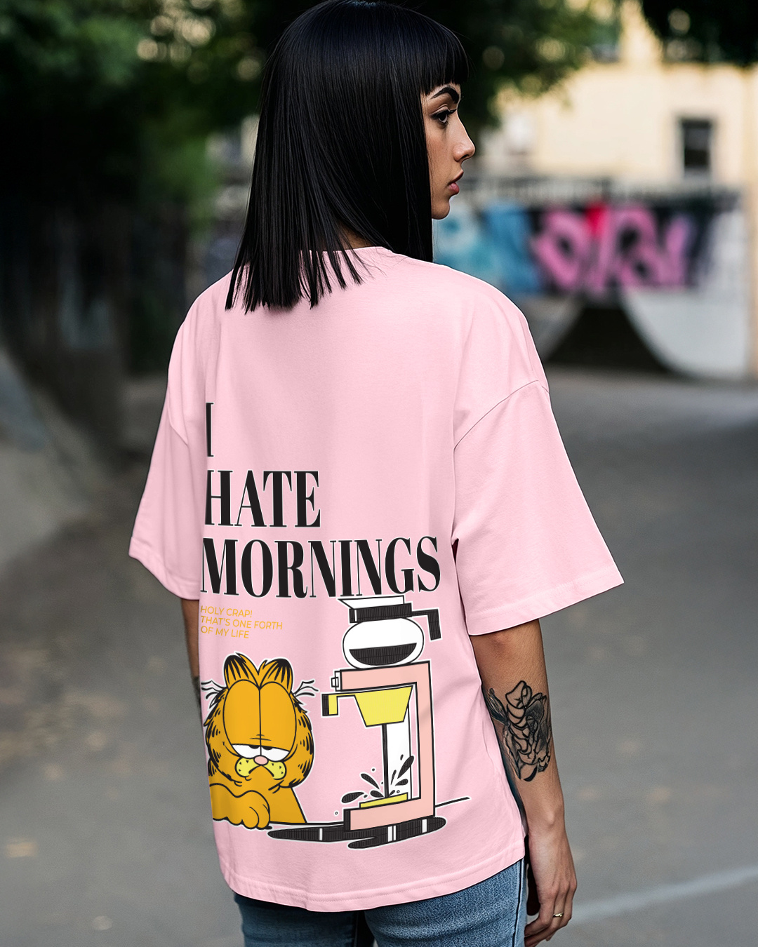 Buy Women's Pink Garfield Hates Mornings Graphic Printed Oversized T ...
