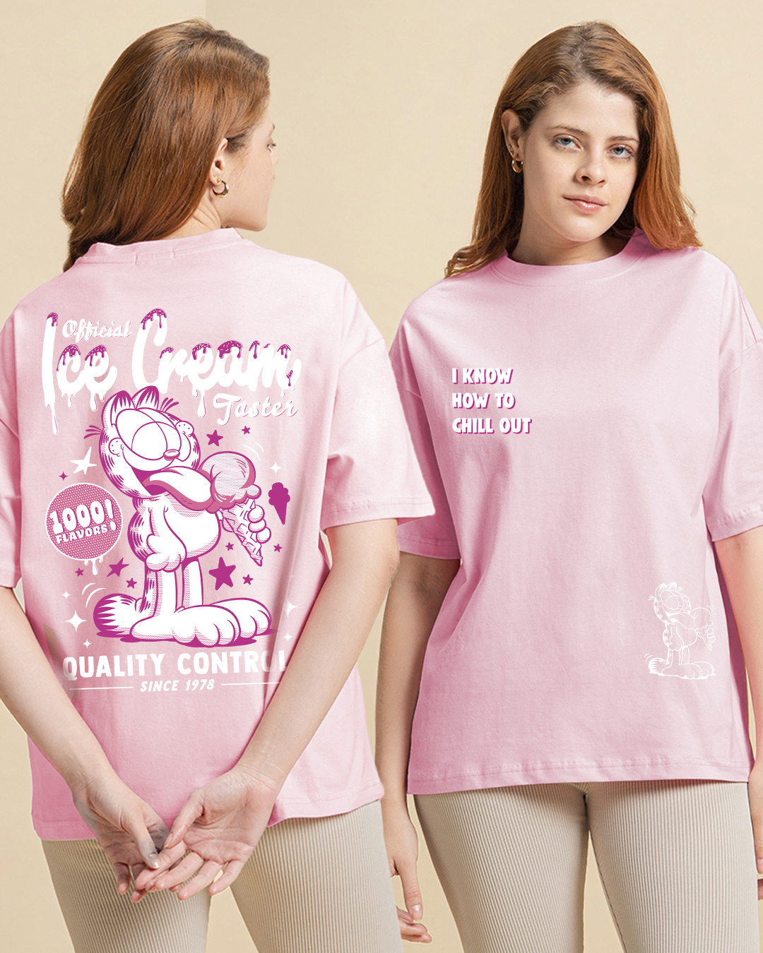 Buy Women's Pink Garfield's Icecream Graphic Printed Oversized T-shirt ...