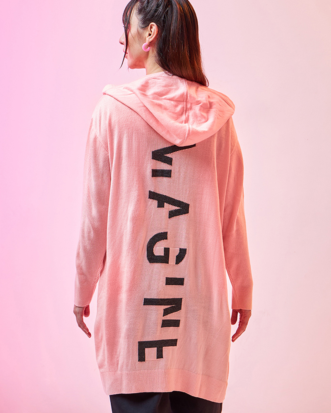 Buy Women's Pink Imagine Typography Super Loose Fit Hooded Flatknit ...