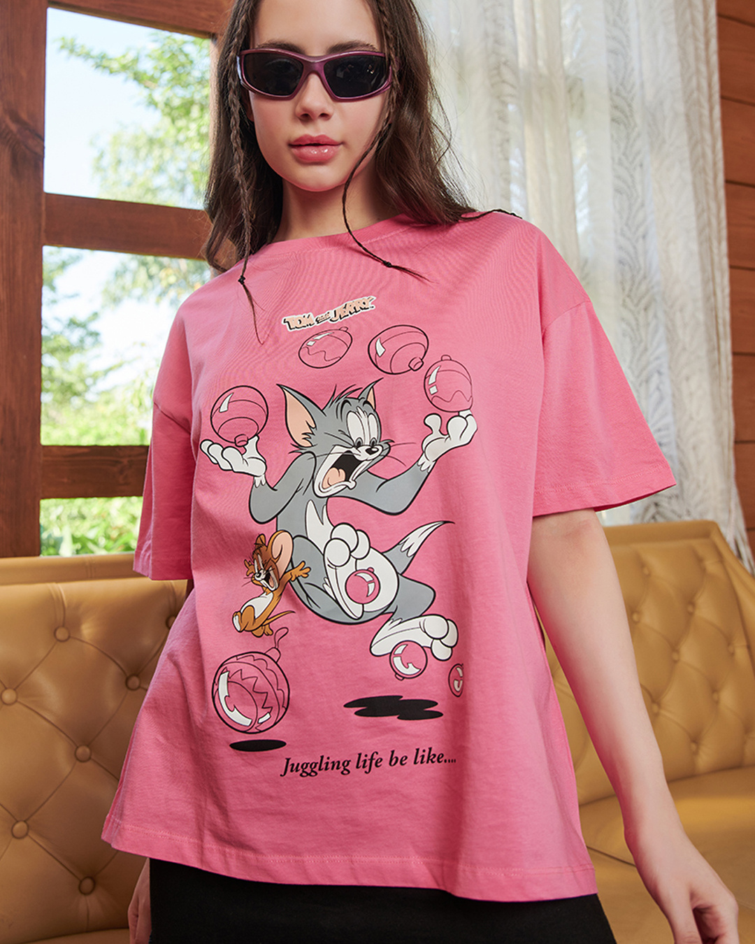 Buy Women's Pink Juggling Life Graphic Printed Oversized T-shirt Online ...