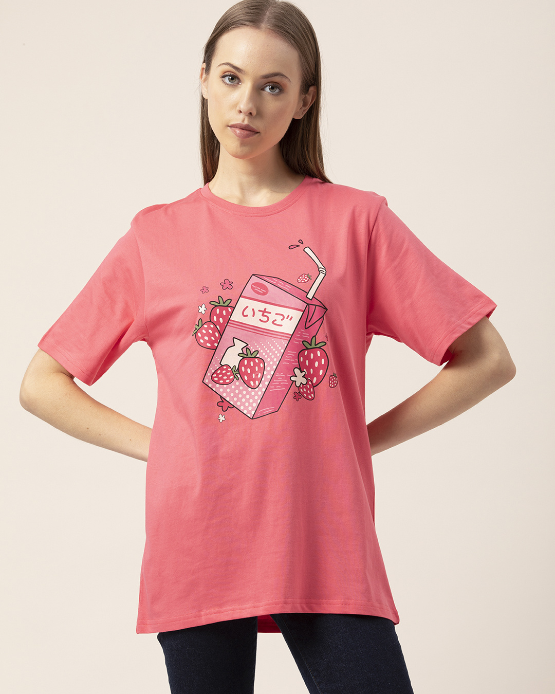 Buy Women's Pink Juice Box Printed Oversized T-shirt Online at Bewakoof