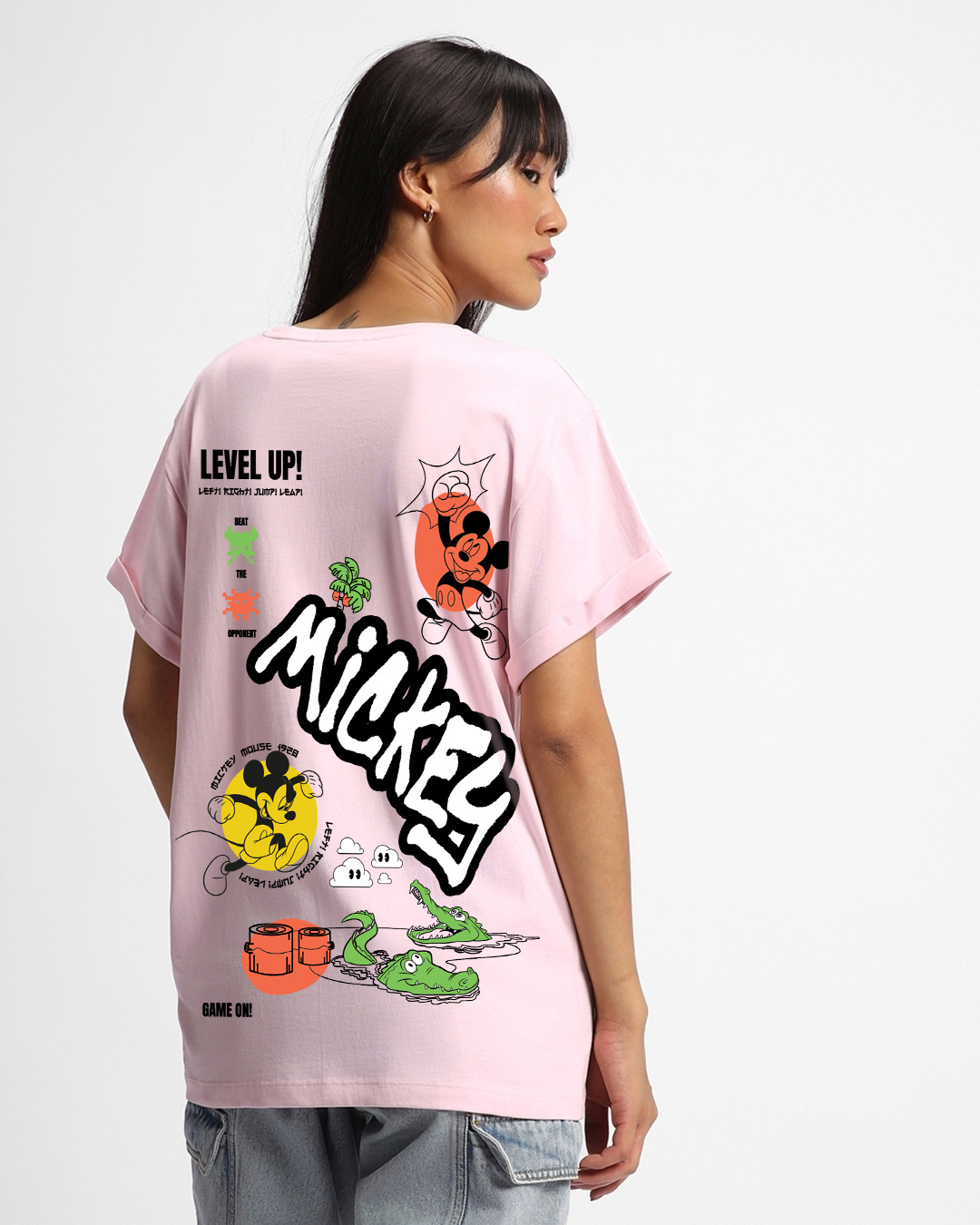 Buy Women's Pink Mickey Level Up Graphic Printed Boyfriend T-shirt ...