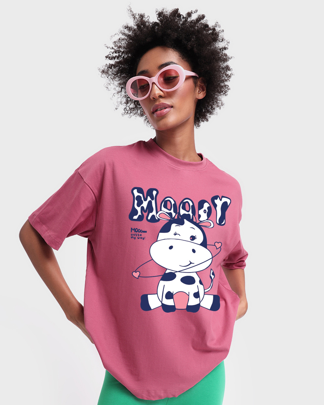 Buy Women's Pink Moody Moo Graphic Printed Oversized T-shirt Online at ...