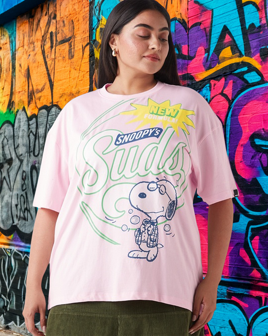 Buy Women's Pink Peanuts Suds Graphic Printed Oversized Plus Size T ...